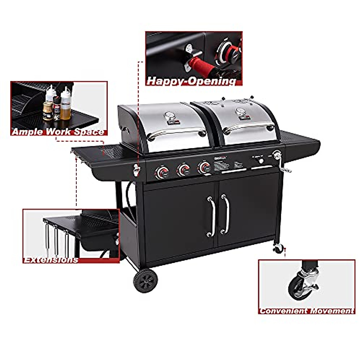 Royal Gourmet ZH3002N 3-Burner 25,500-BTU Dual Fuel Gas and Charcoal Grill Combo, Cabinet Style, Black