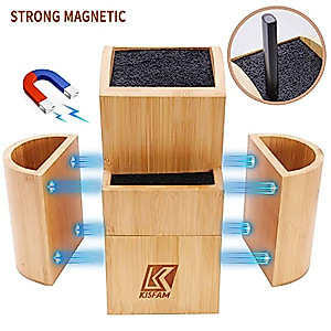 Bamboo Universal Knife Block Two-Tiered Slot-Less Wooden Knife Stand, Knife Organizer & Holder - Convenient Safe Storage for Large & Small Knives & Utensils - Easy to Clean Removable Bristles