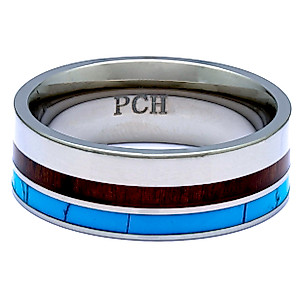 PCH Jewelers Turquoise and Koa Wood Ring set in Titanium High Polish Wedding Bands 8mm Comfort Fit (10)