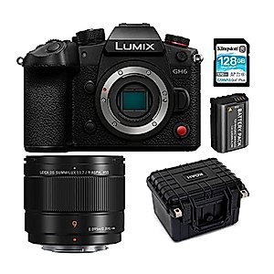 Panasonic LUMIX GH6 Mirrorless Camera Body Bundle with Panasonic H-X09 9mm f/1.7 Leica SUMMILUX, Weatherproof Hard Case, 128GB SDXC Memory Card and Lithium-Ion Battery Pack (5 Items)