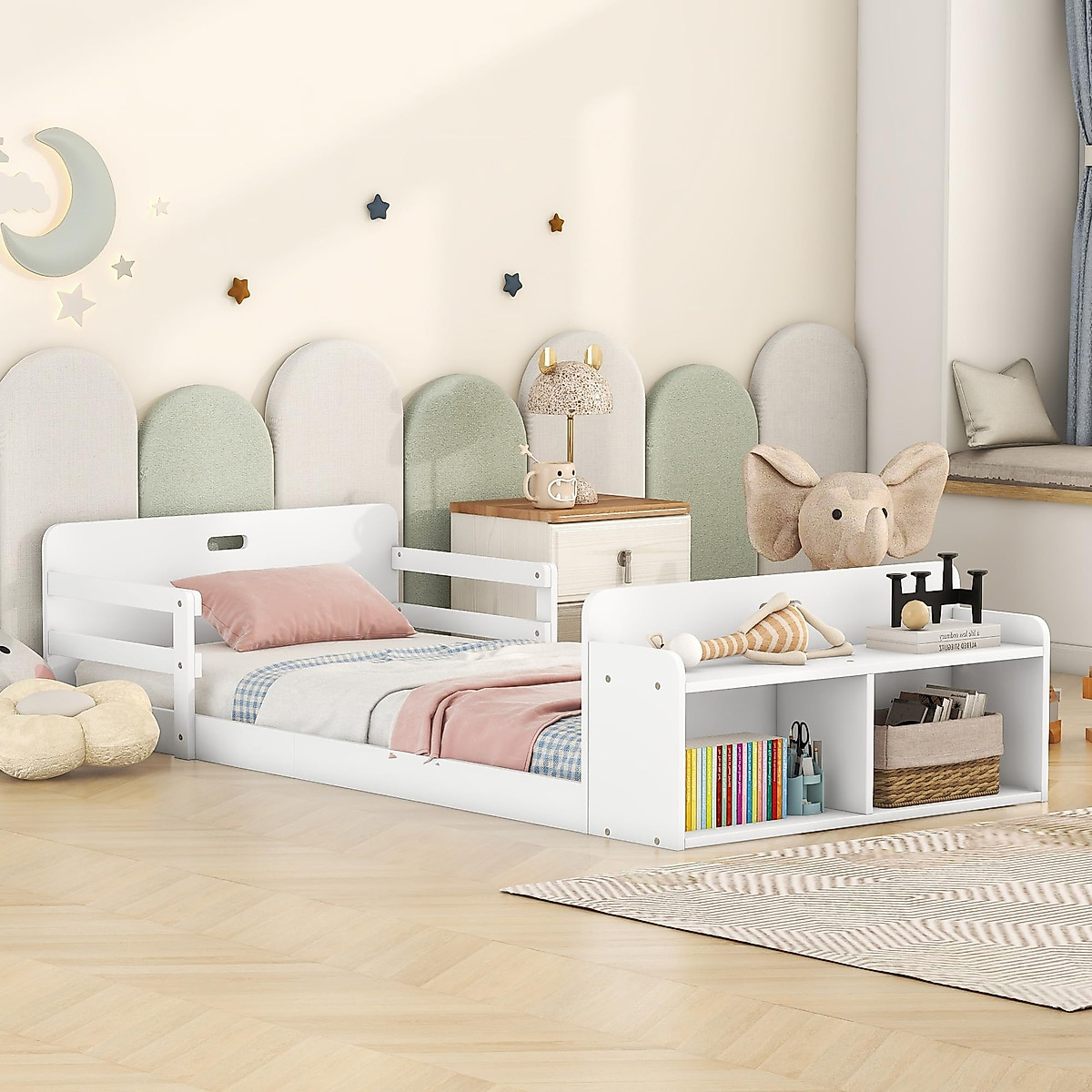 Harper & Bright Designs Twin Size Floor Bed with Storage Footboard and Guardrail, Montessori Floor Bed Twin Bed Frame for Kids, Wood Platform Bed with Headboard, White