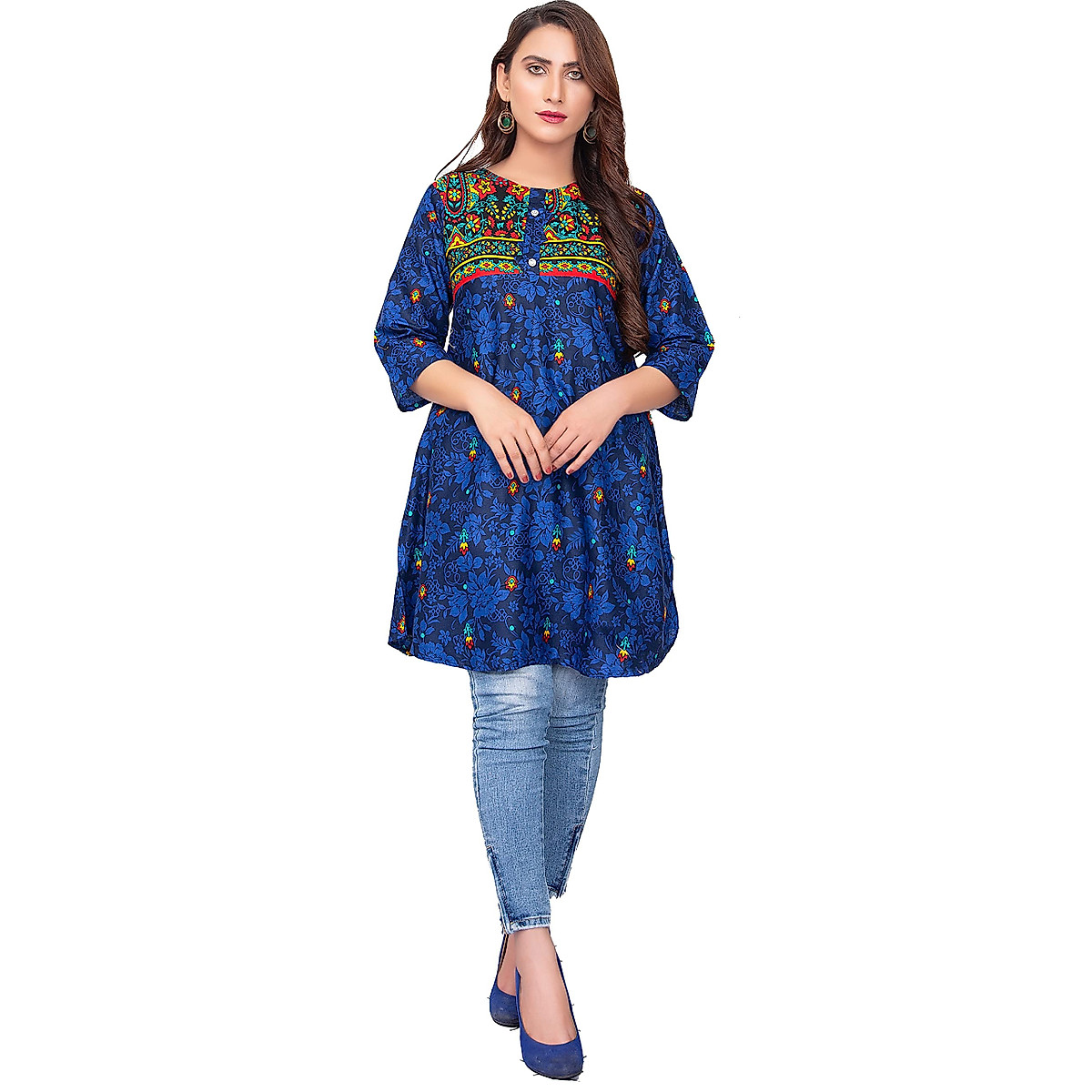 IshDeena Pakistani Kurtis for women Indian Style Cotton Tunics Womens Tops Printed Lawn (Small, Midnight Blue)