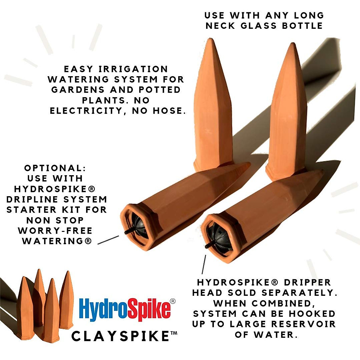 HydroSpike ClaySpike (4-Pack) Plant Terracotta Watering Spikes Kit for Outdoor Pot. 7 Inch Extra Long Stakes. Terra Cotta Self Automatic Slow Hydro Drip Irrigation System. Glass Wine Bottle Waterers