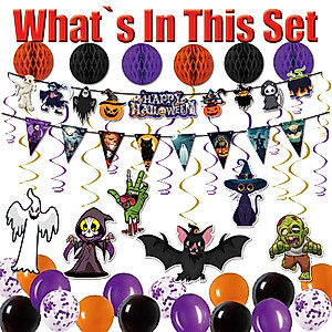 2024 Halloween Birthday Party Decoration,Cute Halloween Garland Bunting Banner Triangle Flag with Foil Swirl Ceiling Hanging Cards,Pumpkin Ghost Witches Bat Spider Skull Sticker
