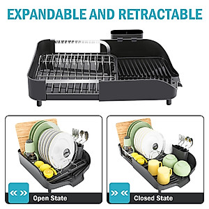 TOOLF Extendable Dish Drying Rack, Dual Part Dish Drying Rack, Adjustable Dish Drainers for Kitchen - Non-Scratch and Movable Cutlery Drainer and Drainage Spout Included, 1 Piece, Black
