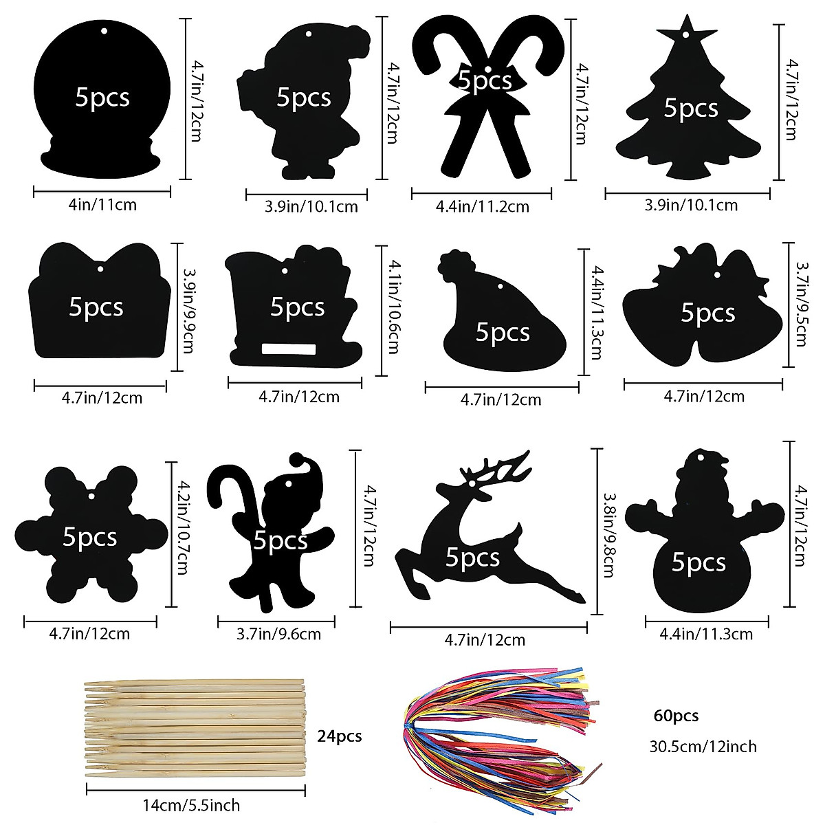 60 Pcs Christmas Scratch Art for Kids, Rainbow Scratch Paper Christmas Crafts for Kids, Scratch Art for Christmas Party Favors Gifts DIY Craft Decoration (60 Papers, 60 Cords and 24 Wood Sticks)