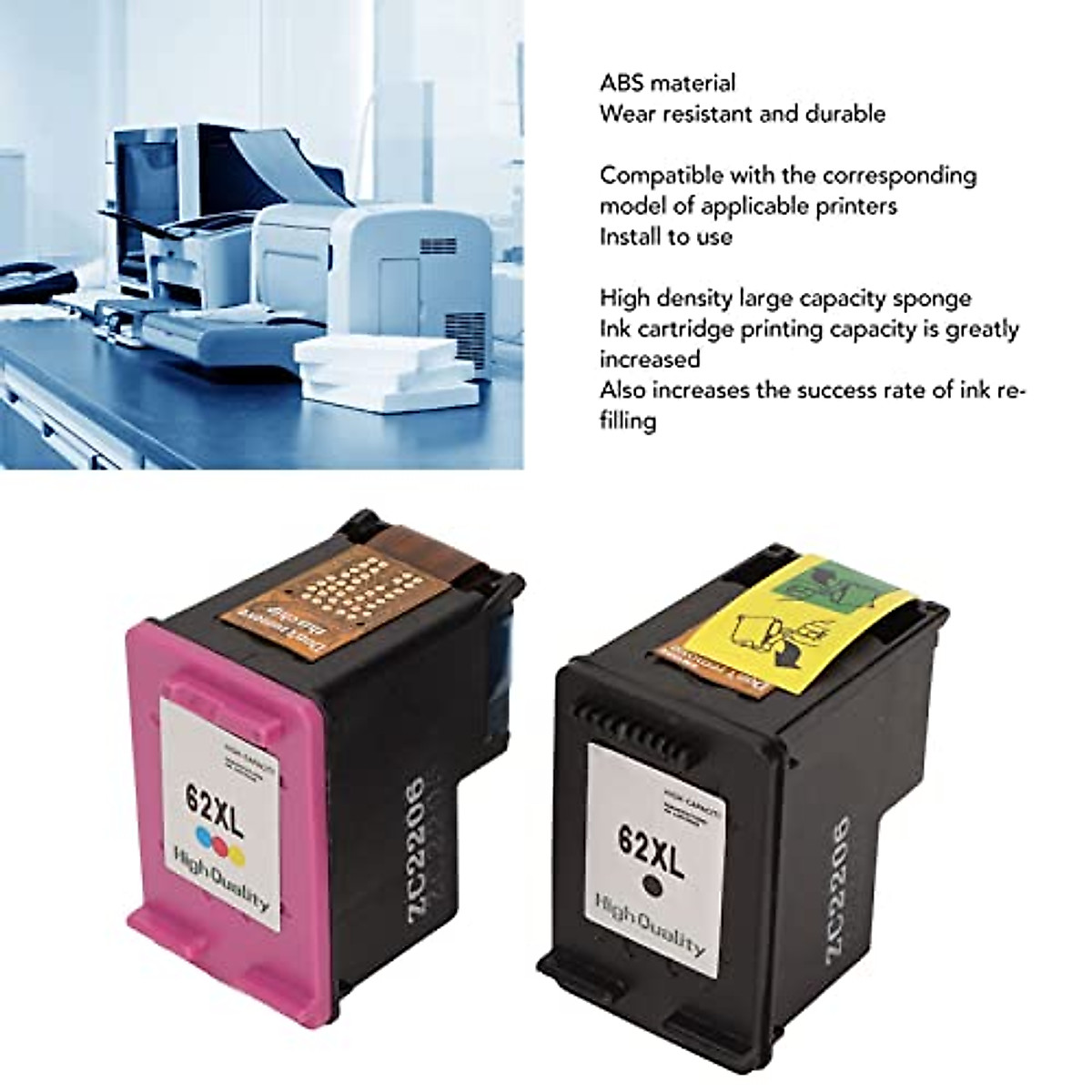 Ink Cartridges for OfficeJet, 2pcs Ink Cartridges Printer 62XL Color Black Print Cartridge Replacement for for OfficeJet 200 258 5540 5542 5640 7640 Printer