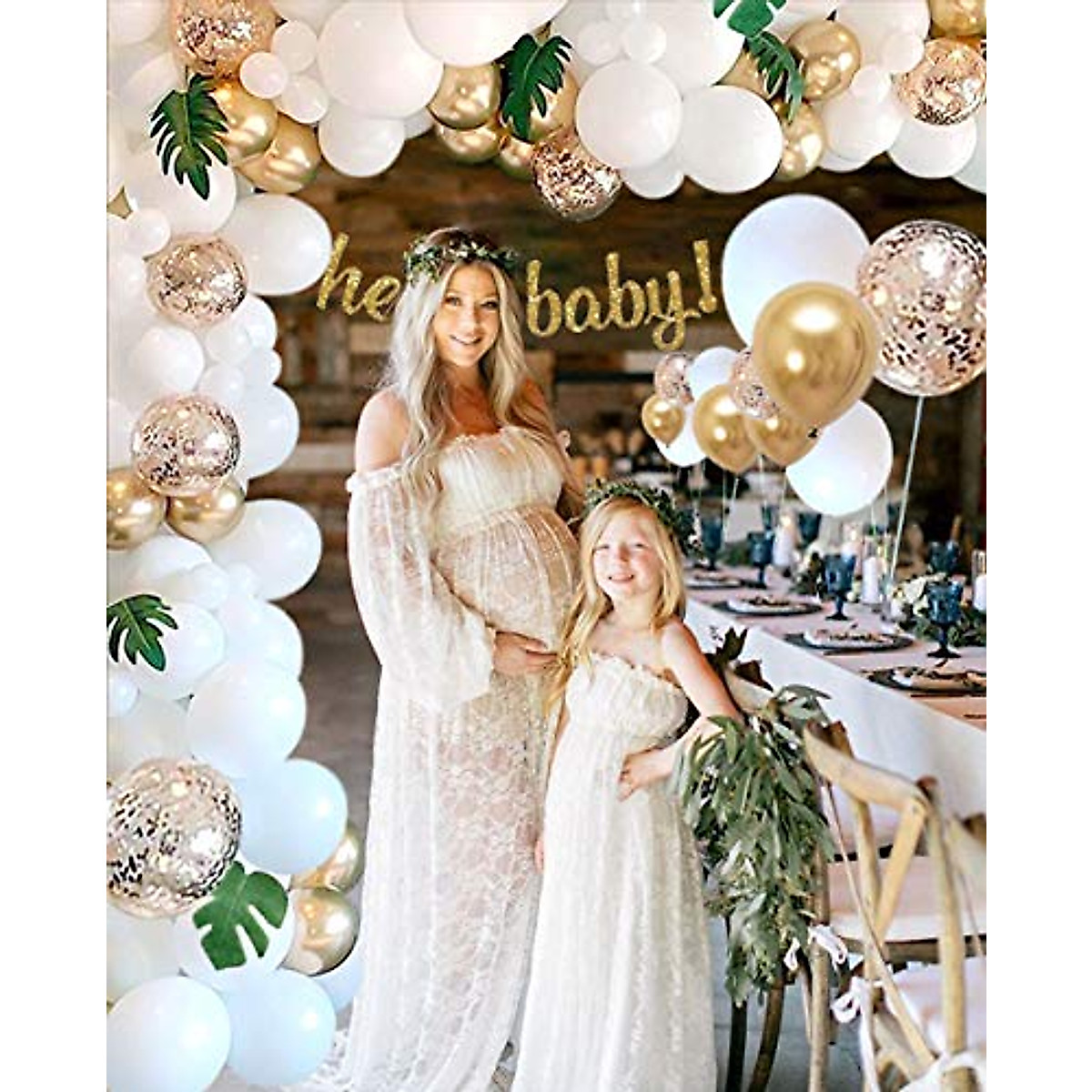 136PCS Gold and White Baby Shower Balloons, White Balloons Different Sizes with Leaves 12PCS, White Balloon Garland Arch KIt Baby Shower Wedding Birthday Graduation Anniversary Bachelorette Party Decorations for Boy Girl