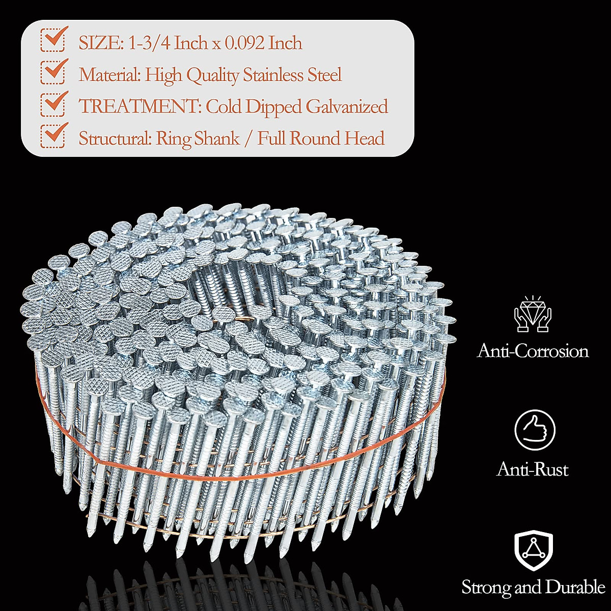 Coil Siding Nails 1-3/4-in 15 Degree Stainless Steel Coil Siding Nails 1200 Count 1-3/4-Inch x .092-Inch Ring Shank Cold-Dipped Galvanized Collated Wire Coil Nails