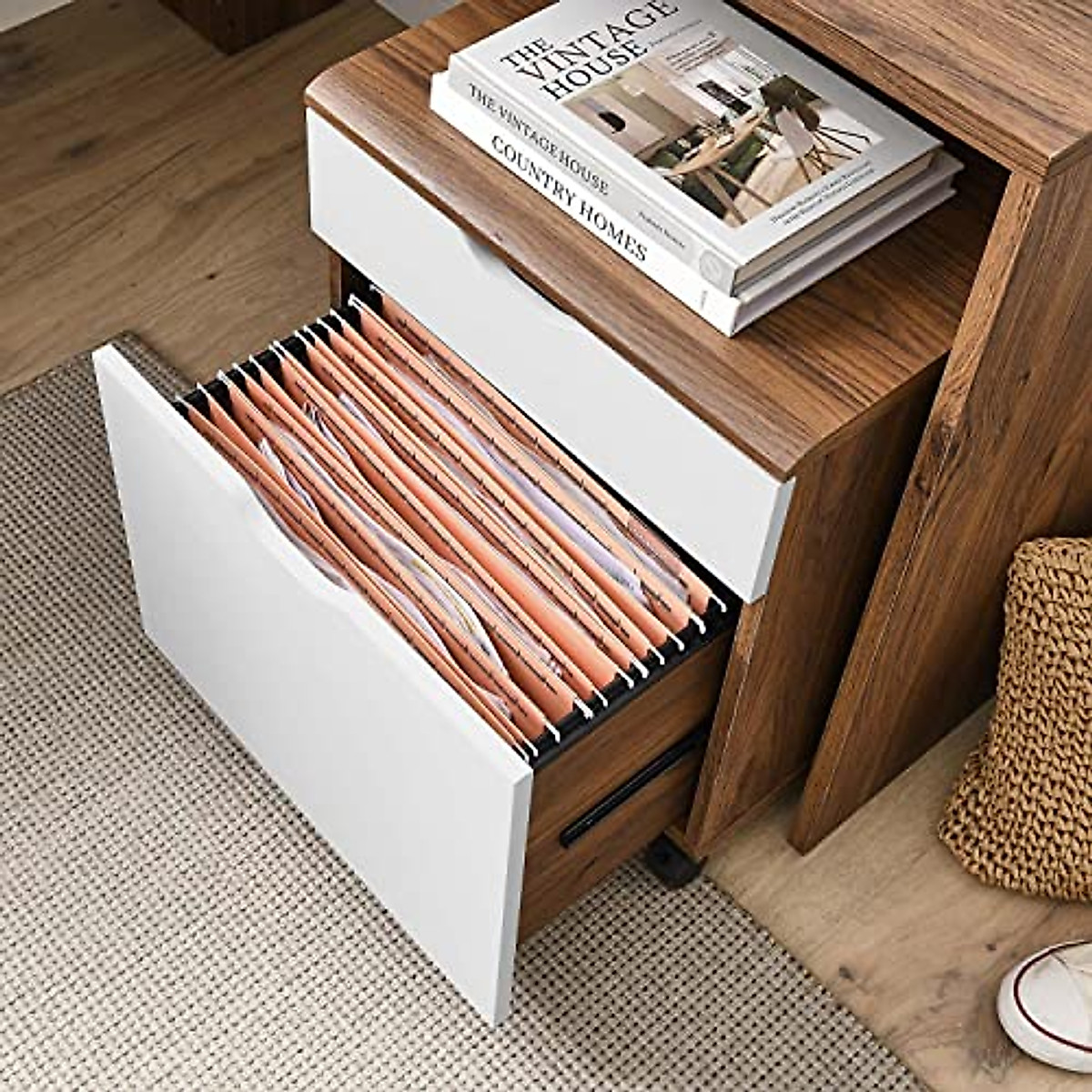 Modway Envision Mid-Century Modern, Desk and File Cabinet Set, Walnut White