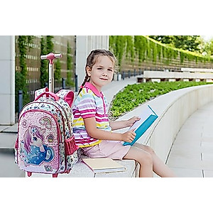 MOHCO Rolling Backpack 18 inch for Kids Wheeled Backpack for Girls with Lunch Bag Pencil Case