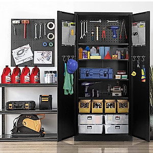 Superday 6-Tier Garage Storage Cabinet with Pegboard, 71" Metal Multifunctional Storage Cabinet with Doors and Shelves, Locking Cabinet with Adjustable Shelf for Warehouse, Basement