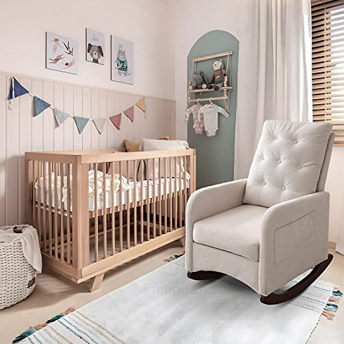 JEEOHEY Nursery Rocking Chair, Modern Upholstered Button Tufted Fabric Rocker Glider Chairs Single Sofa Armchair w/Solid Wood Legs, Side Pockets for Nursery Room, Living Room, Beige