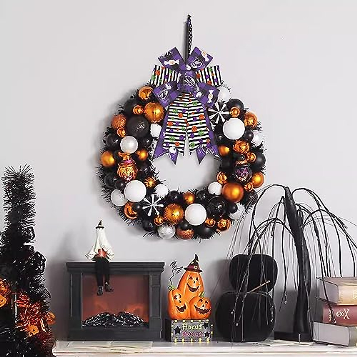 Threetols 2 Rolls 10 Yards Halloween Wired Edge Ribbon, 2.5inch Black Purple Buffalo Plaid Ribbon, Candy Skull Black White Stripe Glitter Dot Ribbon for Halloween Party DIY Craft Wreath Decor