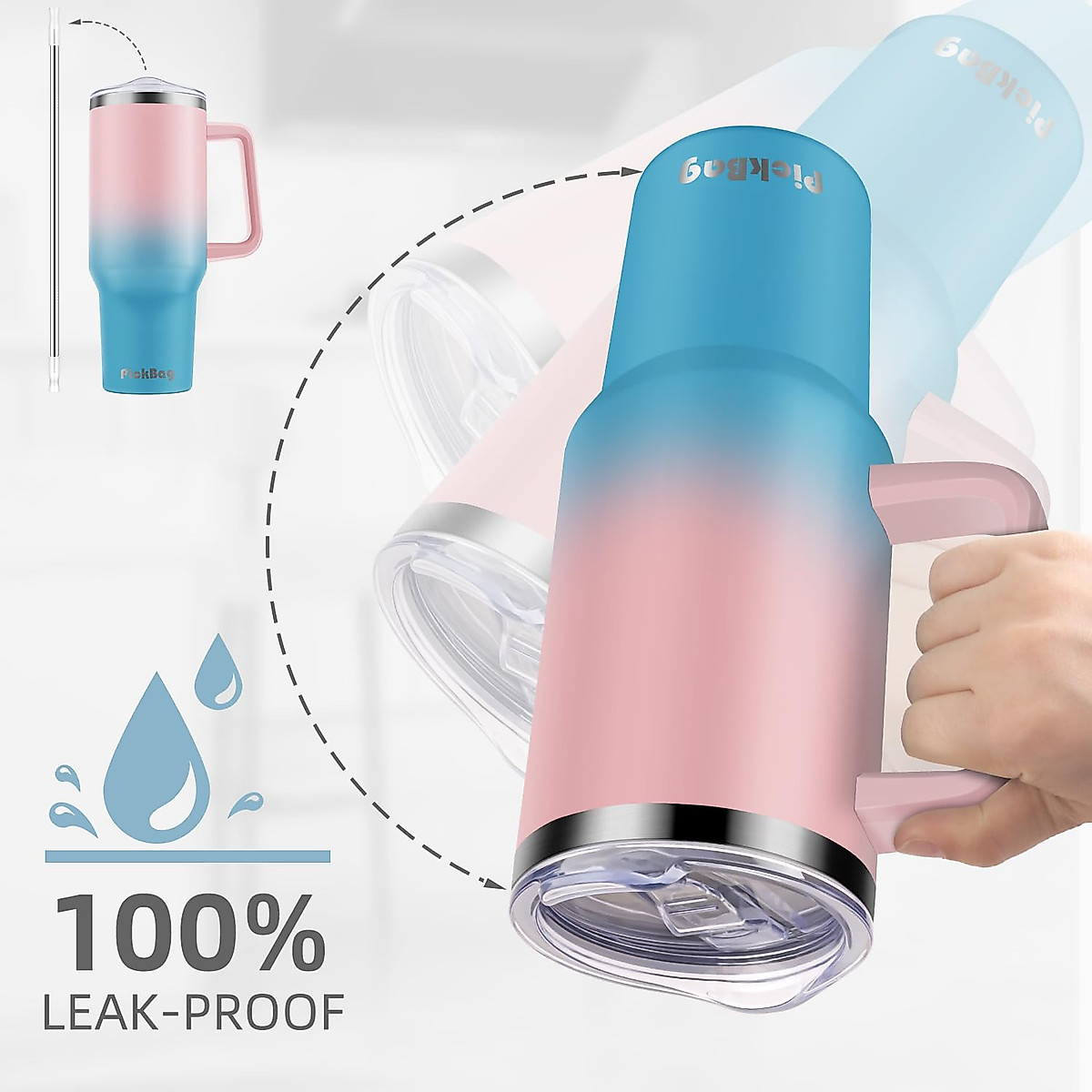 40 oz Tumbler with Handle and Straw Lid, 100% Leak Proof Cup Tumblers, Stainless Steel Insulated Travel Coffee Mug, Keeps Drinks Cold for 24 Hours or Hot for 10 Hours, Cupholder Friendly, PinkBlue
