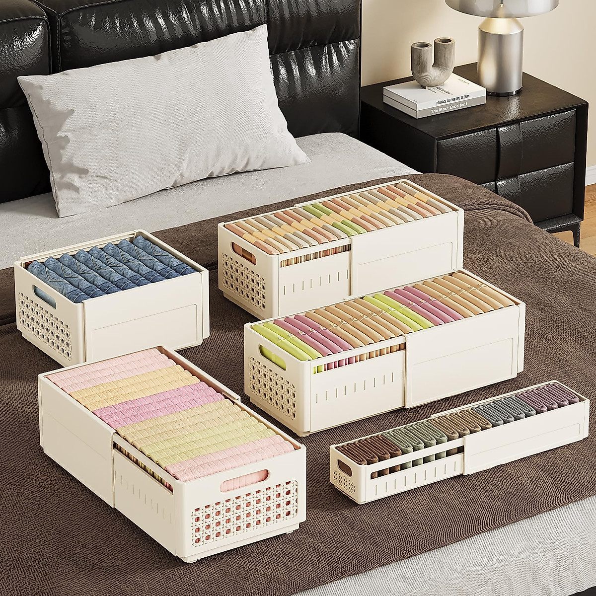 Yawinhe Retractable Plastic Storage Bins with Handles, Expandable Stackable Storage Baskets, 3pack Organization and Storage Containers Organizers for Closet Pantry Cabinet, 11-18.5x7.9x5.9in