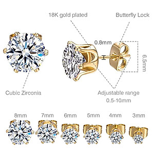 6 Pairs Graduated CZ Stud Earrings,18K Yellow Gold Plated Round Cubic Zirconia Stud Earrings for Women Pack of 6