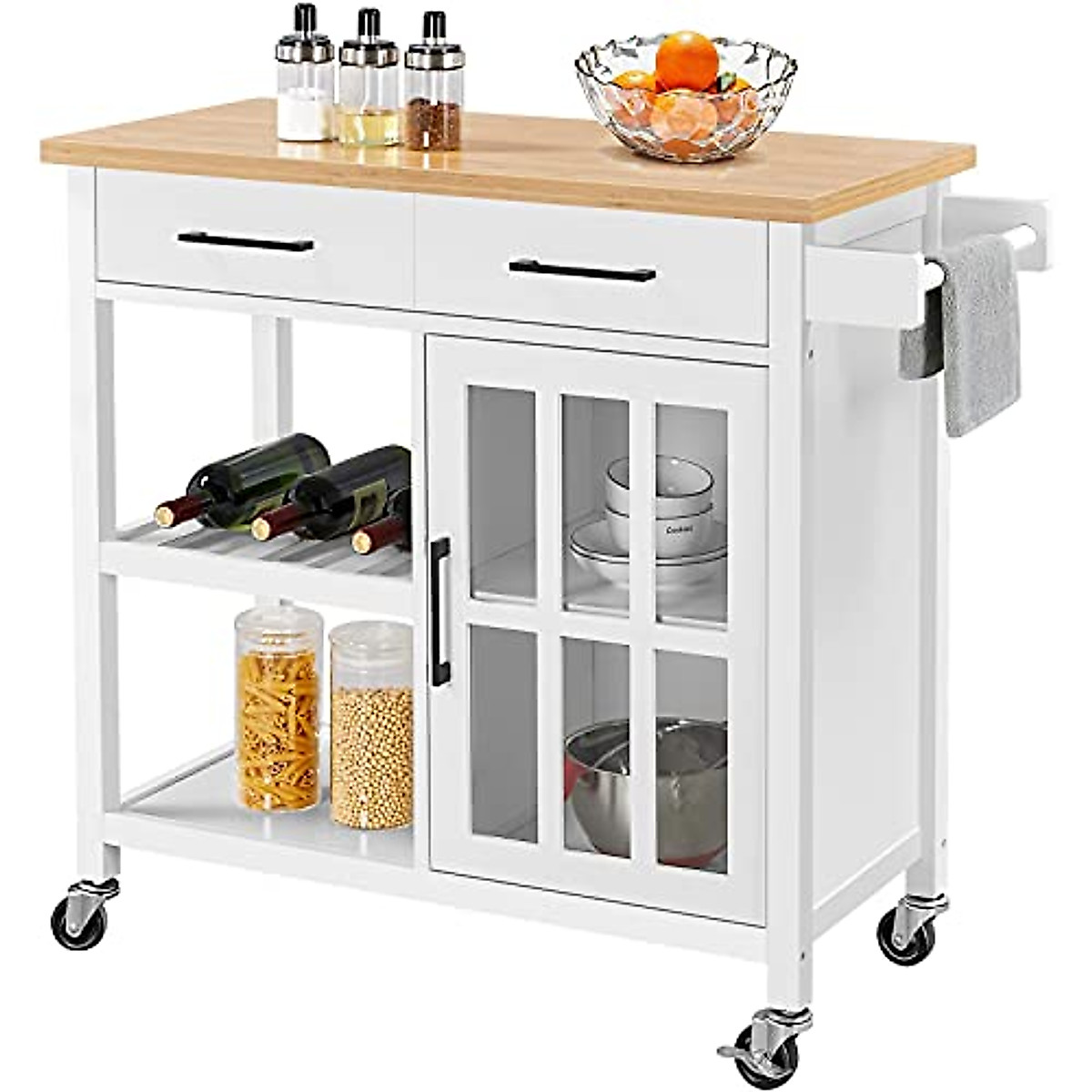 Yaheetech Kitchen Island on Wheels with Drawers, Rolling Kitchen Cart with Tempered Glass Storage Cabinet Door, Bamboo Top, 2 Tiers Shelves, and Towel Rack, 40x18x36 Inches, White