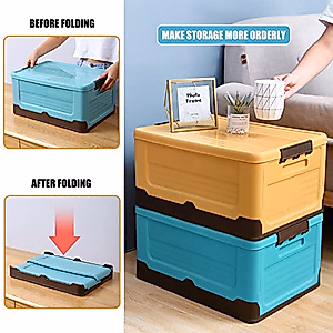 ORIJOYNA Collapsible Storage Bins with Lids 8Gal Folding Plastic Stackable Utility Storage Container Heavy Duty withstand 60Lbs Multifunctional Storage Box for Grocery,Books,Clothes,Shoes(30L,Yellow)