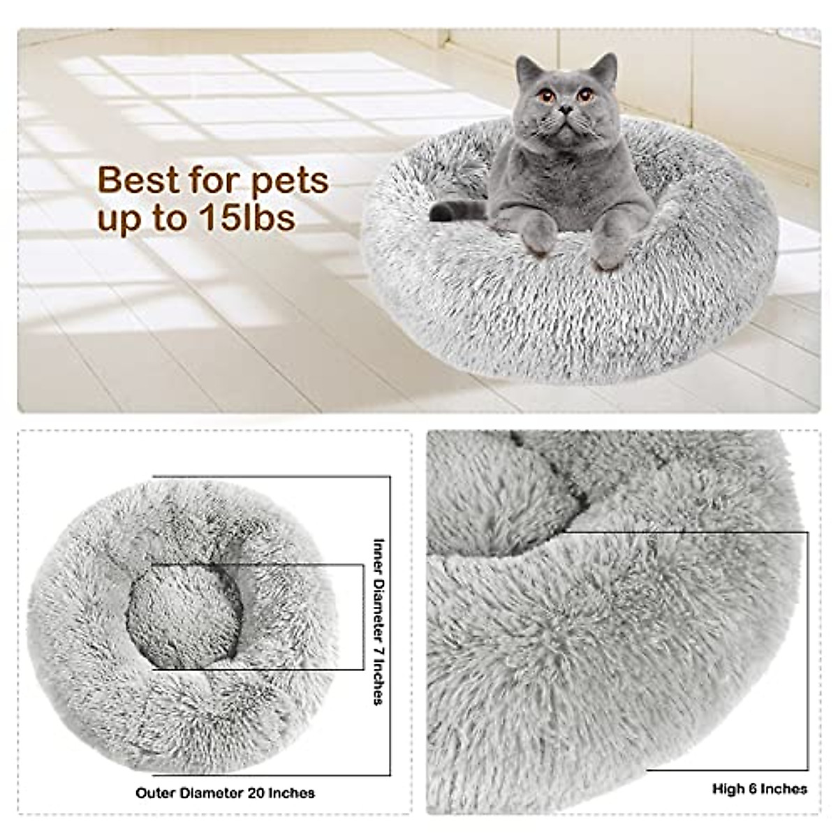 CAPSCEOLL Calming Dog Cat Bed Round Donut Dog Bed Warming Fluffy 20 Inches Anti-Anxiety Bed for Small Medium Dogs and Cats with Non-Slip Bottom,Grey