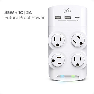 360 Electrical Revolve Wall Tap Power Surge Protector with 2 USB Ports, 1 USB C Port, 4 45 W Rotating Outlets, Multi Plug Outlet Splitter, Adapter for Electric Wall Outlet, Swivel Outlets Fit 4 Plugs