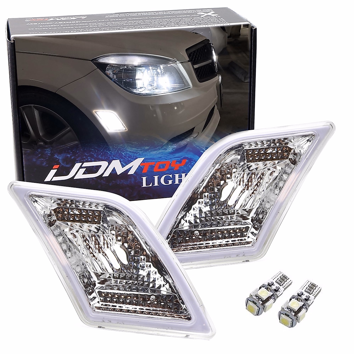 iJDMTOY Euro Clear Lens Front Side Marker Lights w/White LED Replacement Bulbs Compatible With 2008-11 Mercedes Pre-LCI W204 C250 C300 C350 & 2008-2013 C63 AMG, Replace OEM Amber Sidemarker Lamps