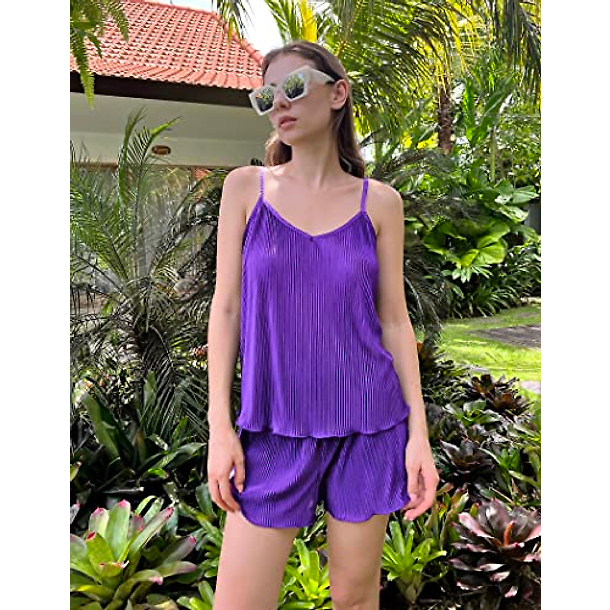 Ekouaer Womens Nightwear Pajamas Woman Y2K Sleepwear Adjustable Spaghetti Straps Pleated Camisole and Shorts PJ Set Dark Purple