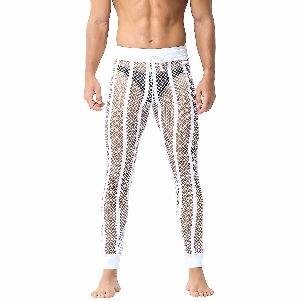 Men's Mesh Fishnet Pants See Through Drawstring Long Lounge Pajamas Muscle Leggings Underpants Underwear Sleepwear Openwork Netted Leggings Loose Bottoms