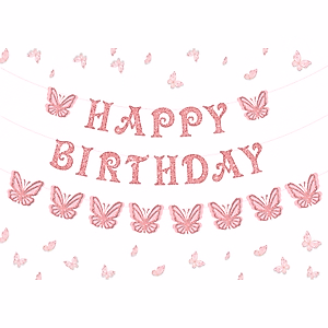 Butterfly Birthday Banner for Girls Butterfly Happy Birthday Decorations - Pink Butterfly Banner Garland Fairy Garden Floral Party Supplies for Women