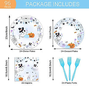 96Pcs Boy Halloween Baby Shower Party Supplies A Little Boo Birthday Tableware Set 9"& 7" Blue Ghost Spooktacular Paper Plates Napkins Forks Spoons for Halloween Party Decoration Serve 24 Guests