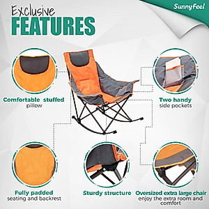 SUNNYFEEL Rocking Camping Chair, Luxury Padded Recliner, Oversized Folding Lawn Chair with Pocket, Heavy Duty for Outdoor/Picnic/Lounge/Patio, Portable Camp Rocker Chairs with Carry Bag