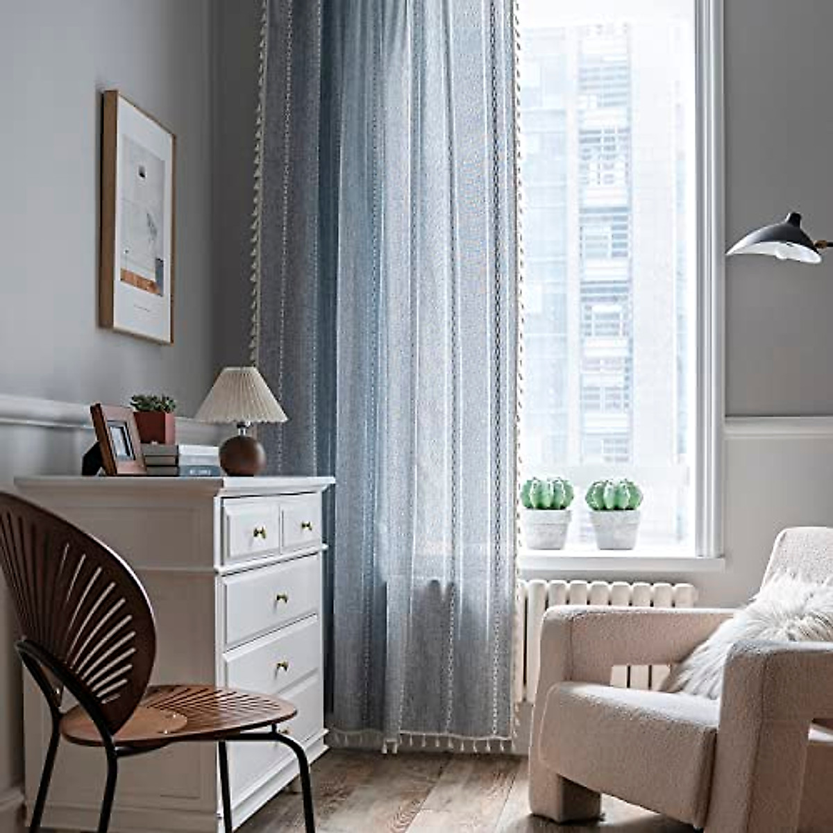 ColorBird Boho Linen Curtains for Bedroom, 84 inch Blue Striped Room Darkening Curtains & Drapes, 2 Panels Embroidered Window Curtain Panels for Dining Living Room Nursery Doorways