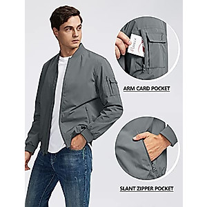 Pudolla Men's Bomber Jackets With 5 Pockets Lightweight Windbreaker Jackets For Men Outwear Casual Jacket Coat for Golf(dark grey L)