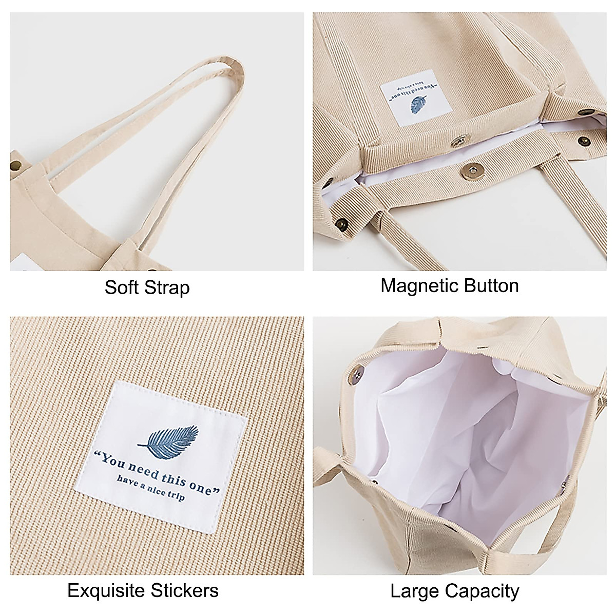 ALUWU Corduroy Tote Bag for Women Girl Casual Work Canvas Shoulder Handbags Cute Purse Light Green