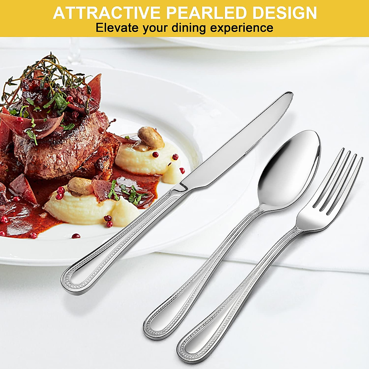 E-far 60-Piece Silverware Set for 12, Stainless Steel Flatware Cutlery Set with Pearled Edge, Include Forks Spoons and Knives, Modern Tableware Eating Utensils for Kitchen Restaurant, Dishwasher Safe