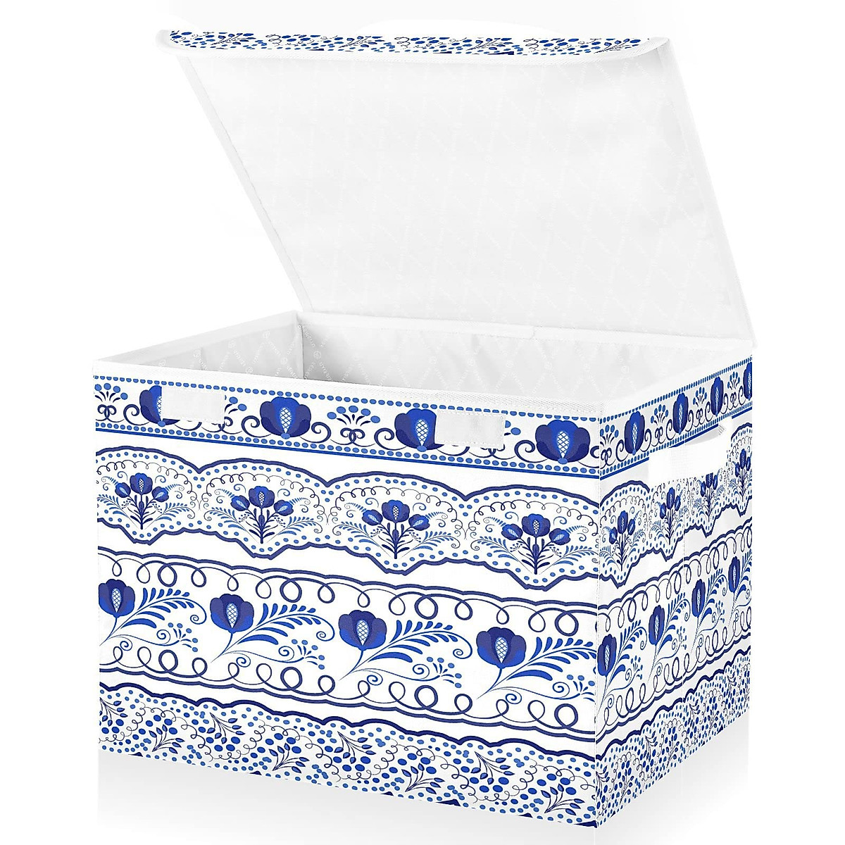 WELLDAY Blue White Floral Ceramic Storage Baskets Foldable Cube Storage Bin with Lids and Handle, 16.5x12.6x11.8 In Storage Boxes for Toys, Shelves, Closet, Bedroom, Nursery
