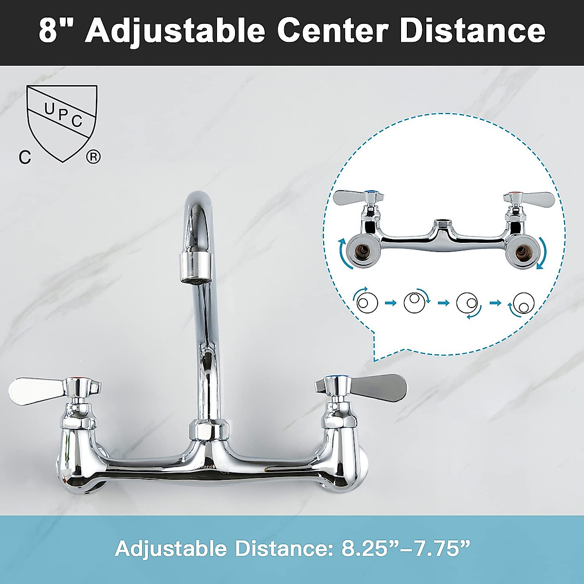 Favorpo Wall Mount Faucet 8 Inches Center Commercial Kitchen Faucet, 12 Inches Swivel Spout Wall-Mount Utility Sink Faucets, 2 Handle Wall Mounted Faucets for Kitchen Laundry Room Restaurant