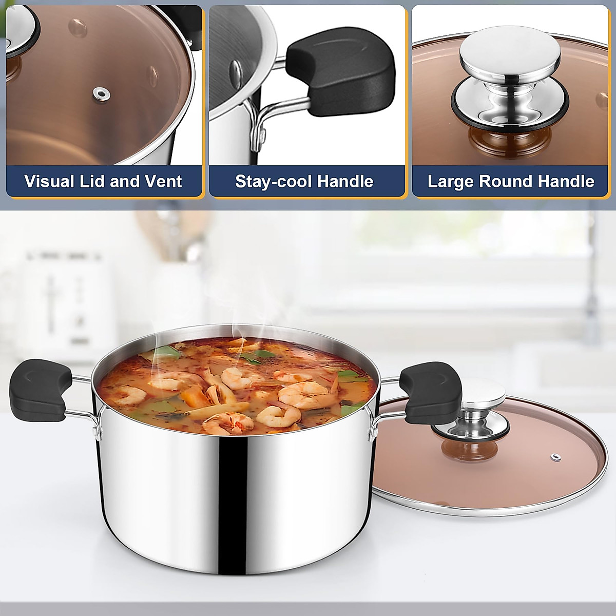 Homikit 8 Quart Stock Cooking Pot, 18/10 Stainless Steel Stockpot with Lid for Gas Electric Stoves, Heavy Duty Tri-ply Induction Pasta Soup Pot for Stewing, Dishwasher Safe with Stay-Cool Handles