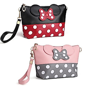 yiwoo 2 Pack Cosmetic Bag Mouse Ears Bag with Zipper,Cartoon Leather Travel Makeup Handbag with Bow-knot, Cute Portable Toiletry Pouch for Women Teen Girls Kids（Pink&Black）