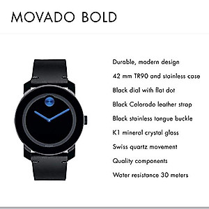 Movado Men's BOLD TR90 Watch with Sunray Dot and Leather Strap, Black/Blue (Model 3600307)
