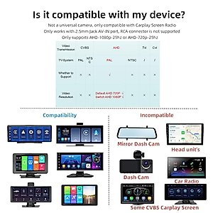Epronic 4 Pin Backup Camera for Mirror Dash Cam and Carplay Screen Only Support AHD1080P and 720P, 4 Pin to 2.5mm Jack Vehicle Backup Camera Dash Cam Front/Rear View Camera 23 Ft Male Plug