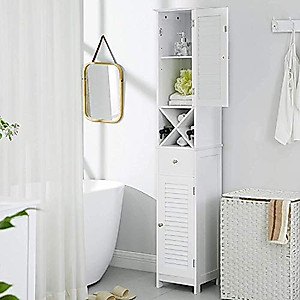 VASAGLE Bathroom Tall Cabinet, Freestanding Storage Cabinet with Shutter Doors, Drawer, and Removable X-Shaped Stand, 11.8 x 12.6 x 66.9 Inches, Scandinavian Style, White UBBC69WT