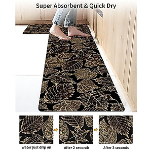 Thanksgiving Fall Bath Mat for Tub,Non Slip Bathroom Floor Runner Rug Quick Dry & Absorbent Diatomaceous Earth Shower Sink Kitchen Washable Doormat,Gold Autumn Maple Leaves Black Backdrop 16x24+16x47