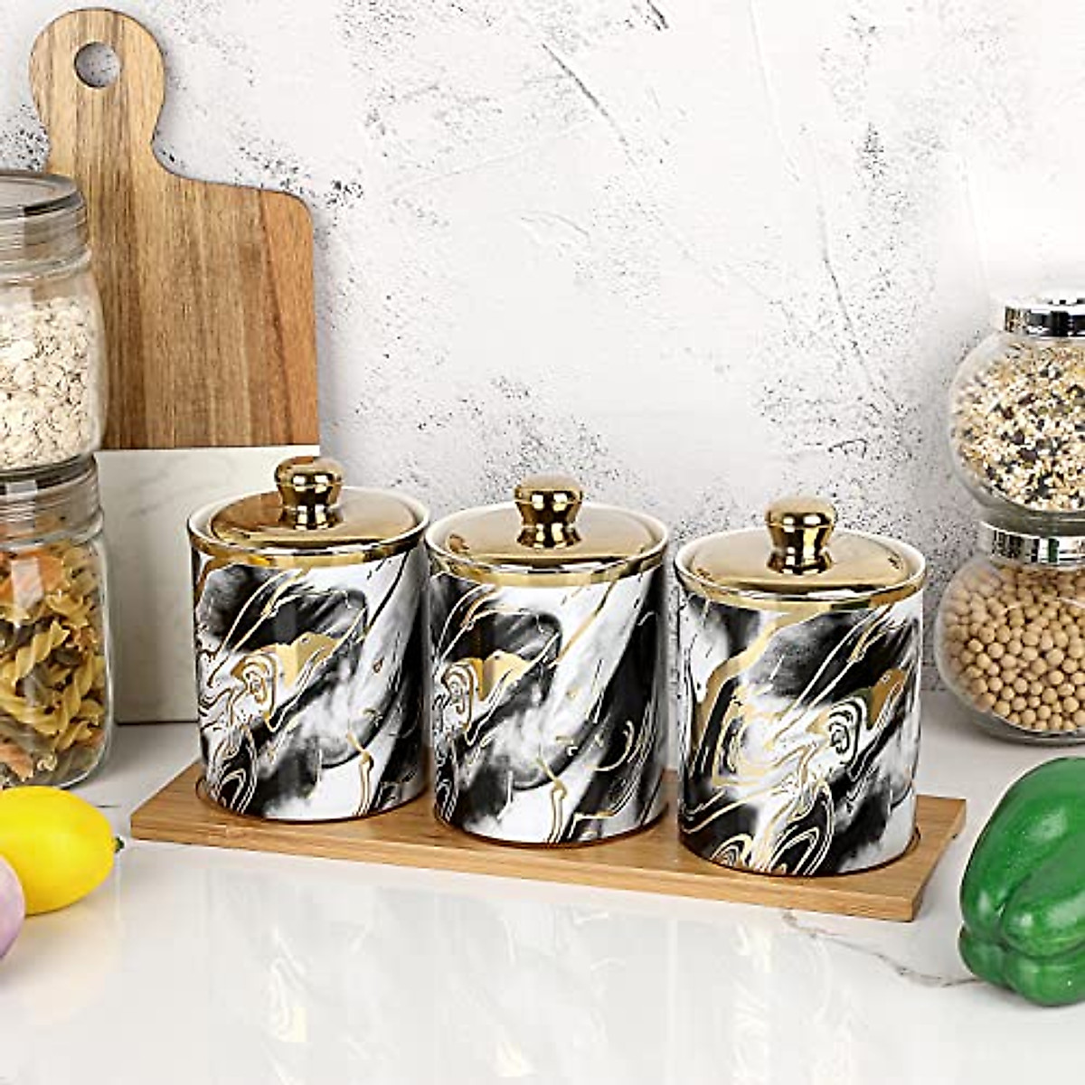 JUXYES Set of 3 Ceramic Canisters Set for Sugar Coffee Tea With Tray, Luxurious Storage Containers Sets with Lids Decorative Storage Pots Marble Ceramic Storage Jar for Kitchen Counter Dining Room