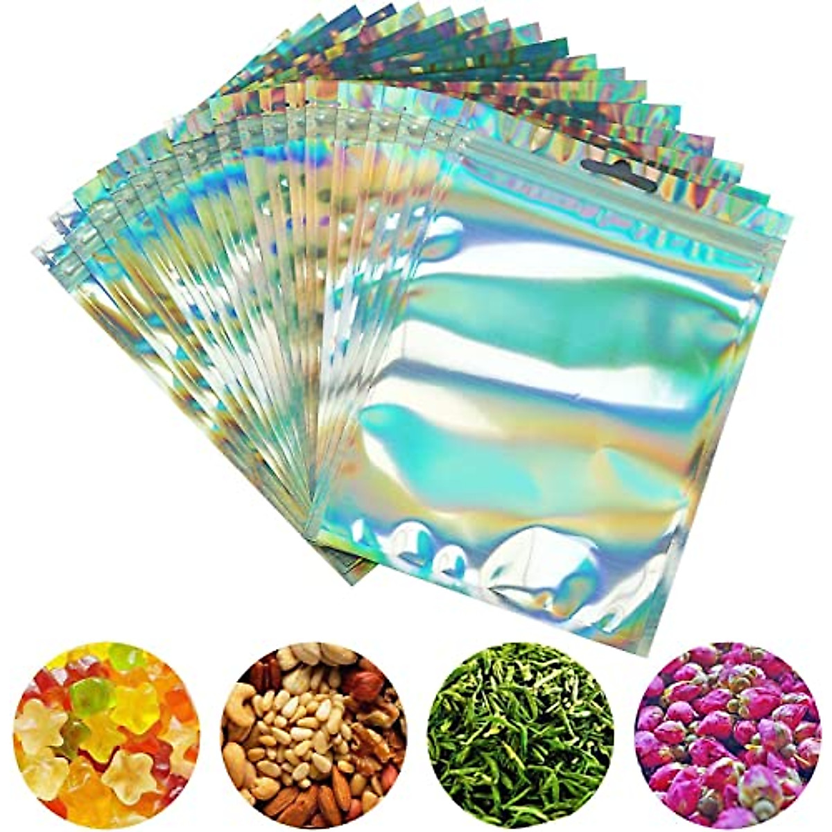 YukaBa 100 Pieces Smell Proof Bags - 5.79x8.66 Inches Resealable Mylar Bags Clear Zip Lock Food Candy Storage Bags Holographic Rainbow Color