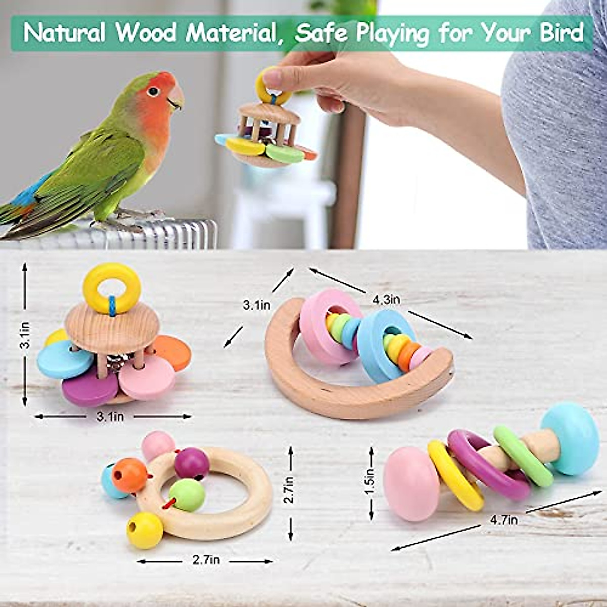 DOHAOOE Large Bird Toys for Foot Parrot Handheld Interactive Toys, 4 Pack