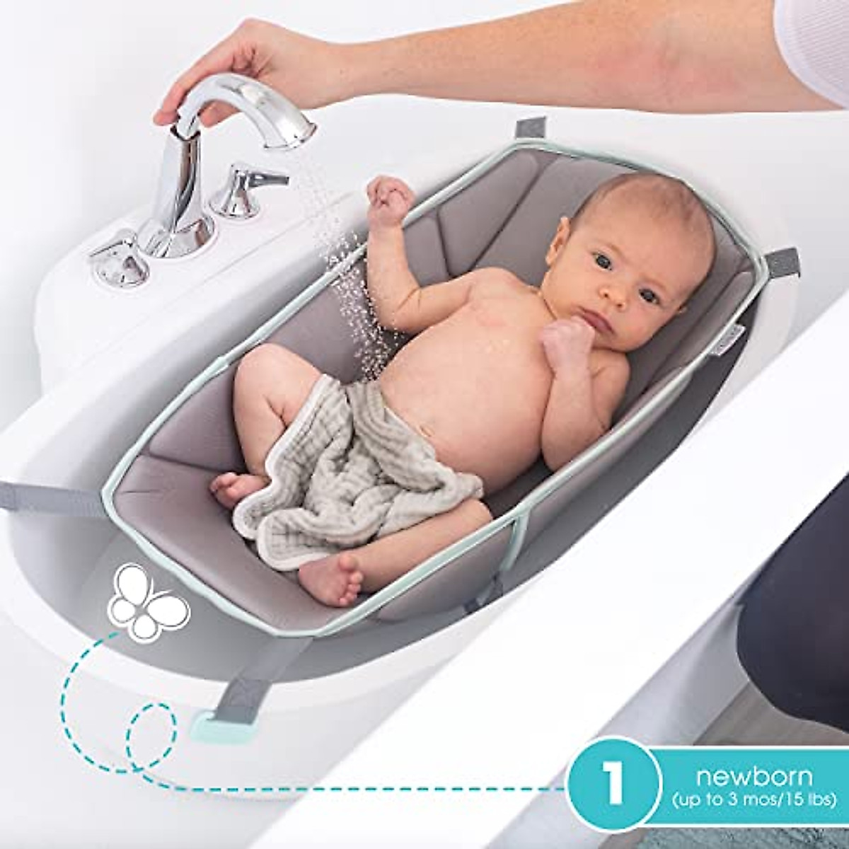 Summer® My Size™ Tub 4-in-1 Modern Bathing System - for Ages 0-24 Months – Baby Bathtub Includes Soft Support, Pull-Down Sprayer and Removable Water Tank, Rinse and Pour Cups, and Drain Plug