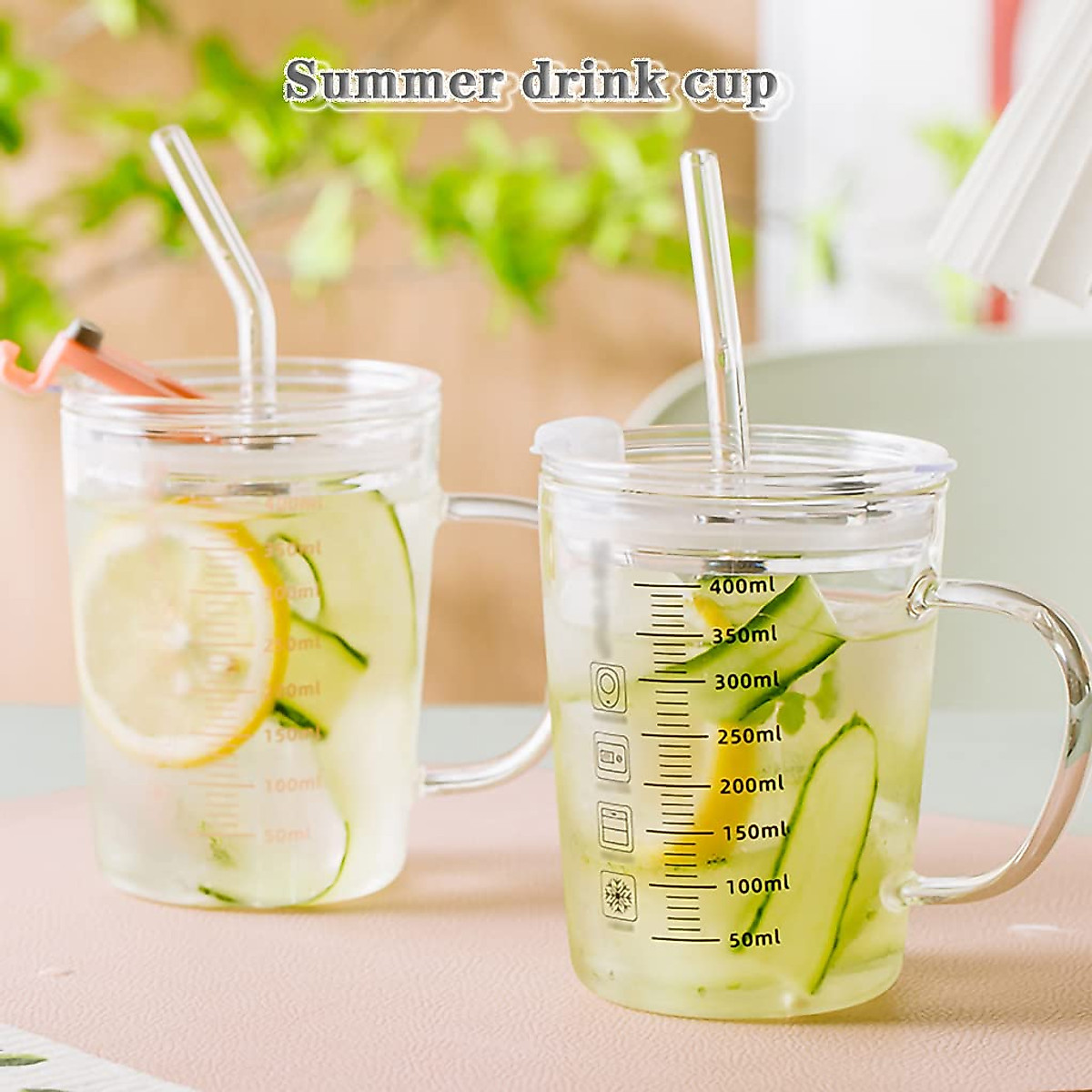 ZRAGEK Straw Cup Glass Mug with Straw and Spoon, Breakfast Scale Coffee Cup, Thickened High Borosilicate Glass Cup, 17.6oz Large Capacity, Microwave Safe(Black,17.6Oz)