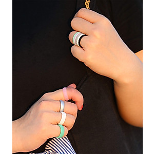 SkullParty Silicone Wedding Ring Bands for Women 10 Pack Size 5 Womens Thin Stackable & Flash Powder Rubber Wedding Band Rings 5.7mm & 3mm Wide - Pink Black Teal Metallic White Grey Mint Green