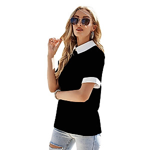 Verdusa Women's Colorblock Contrast Polo Collar Short Sleeve Blouse Shirt Top Black and White M